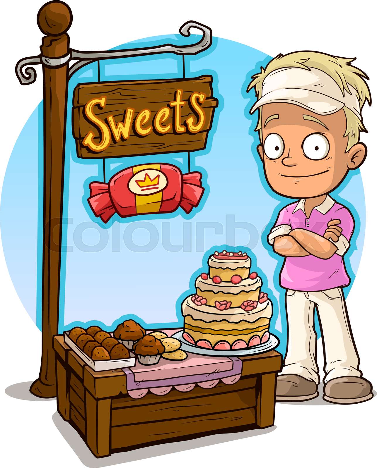 Cartoon sportsman character and sweets candy shop | Stock vector ...