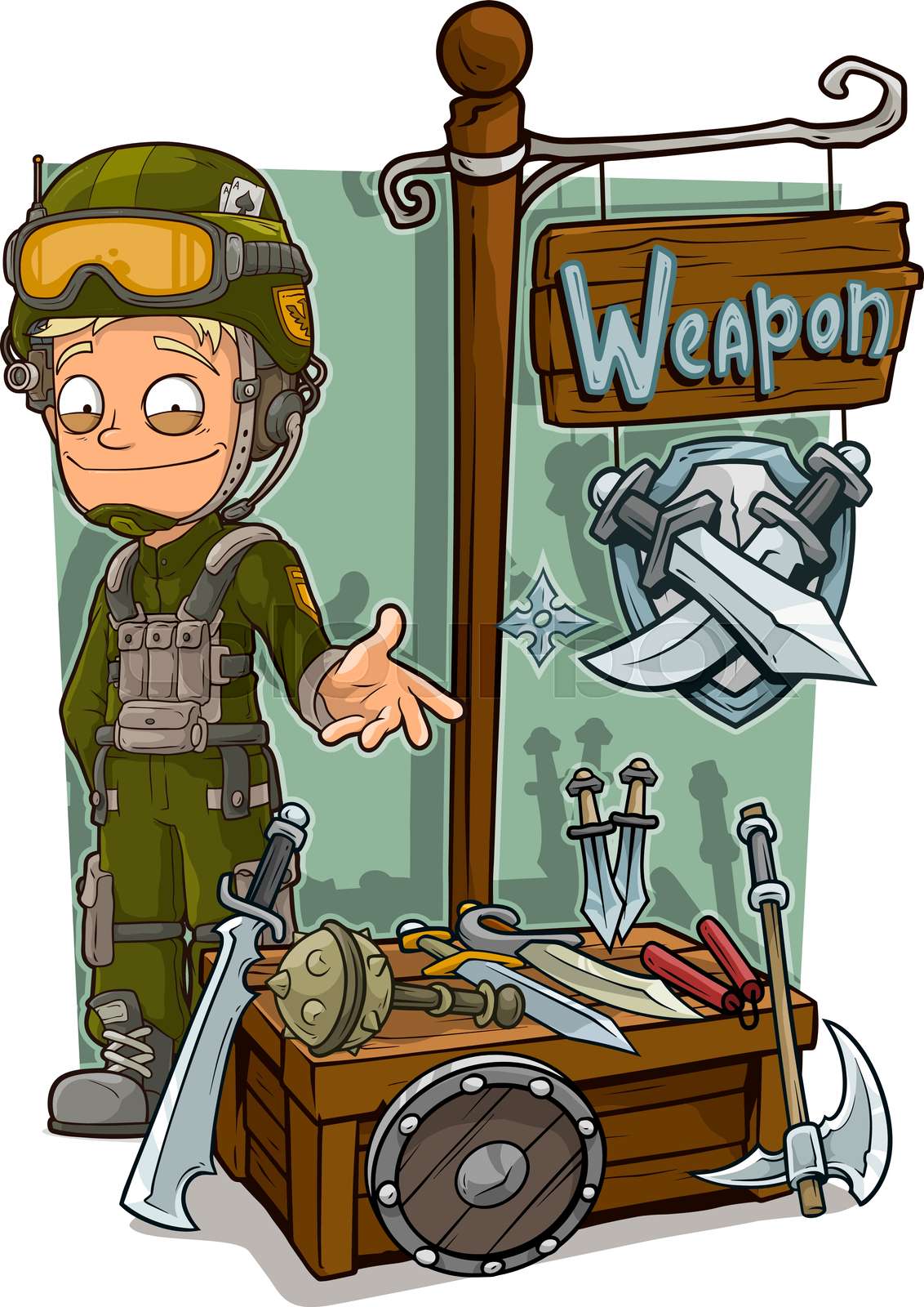 Cartoon blond soldier character and weapon shop | Stock vector | Colourbox
