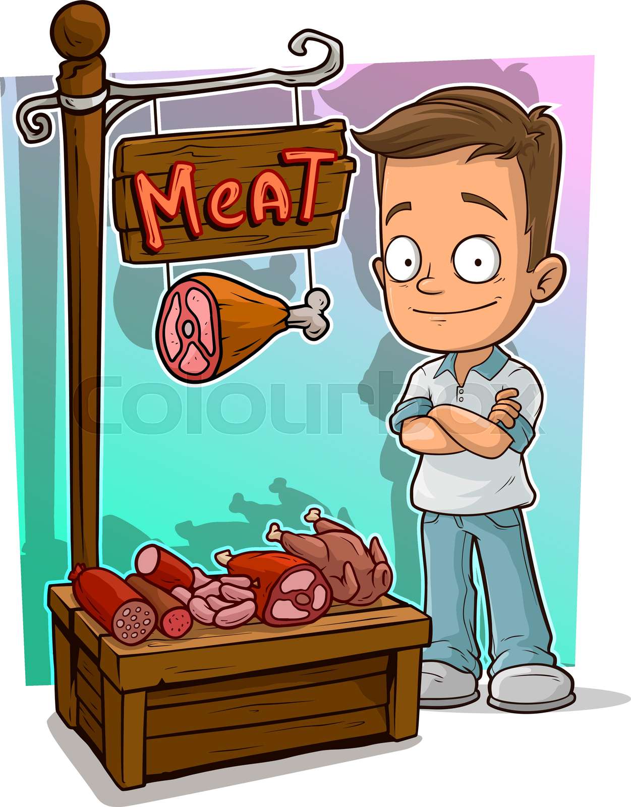 Cartoon handsome boy character and meat shop | Stock vector | Colourbox