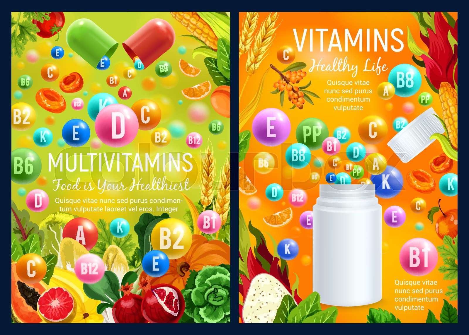 Multivitamins complex in food, health care | Stock vector | Colourbox