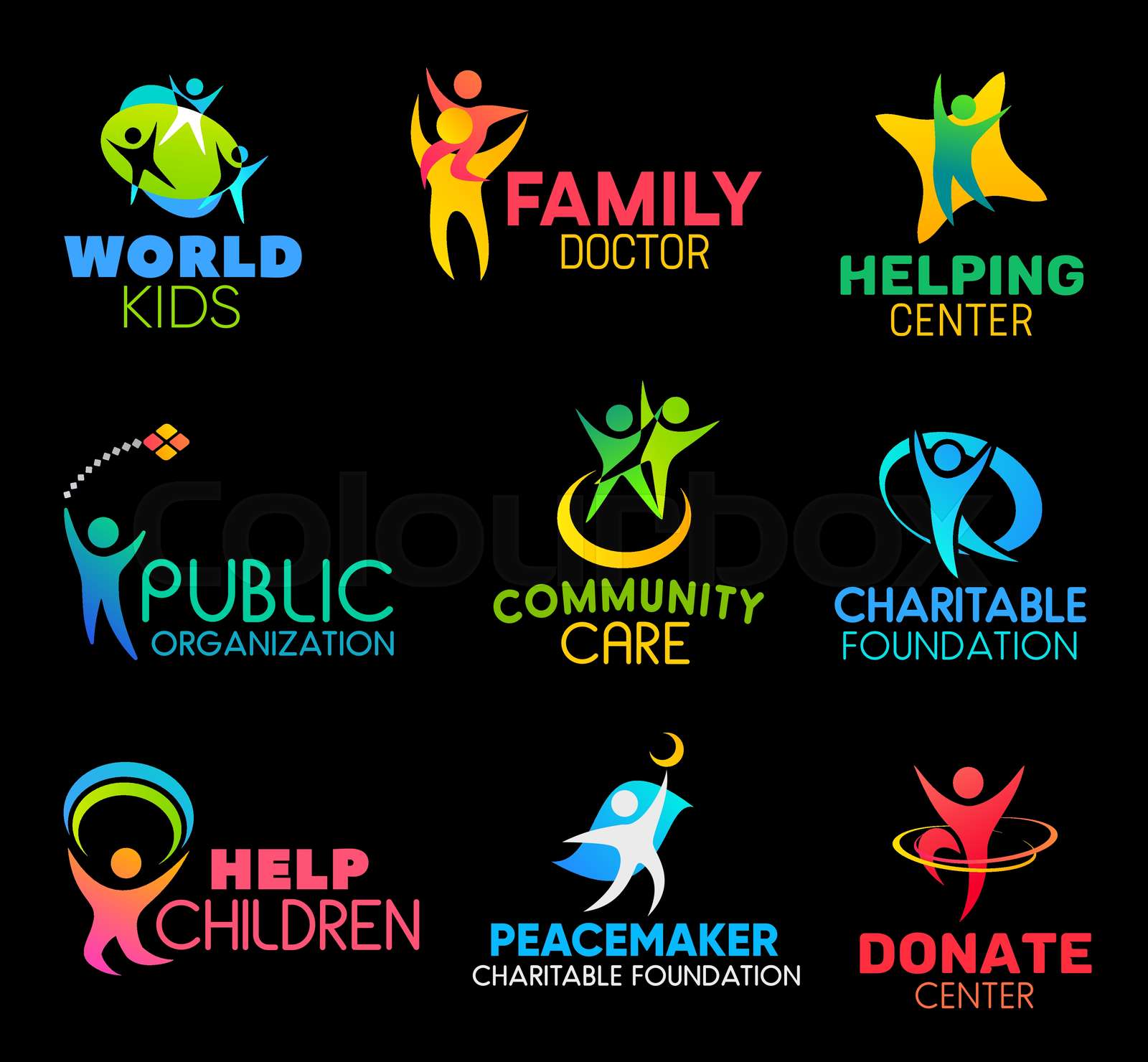 Charity foundation icons with peoples and hands | Stock vector | Colourbox