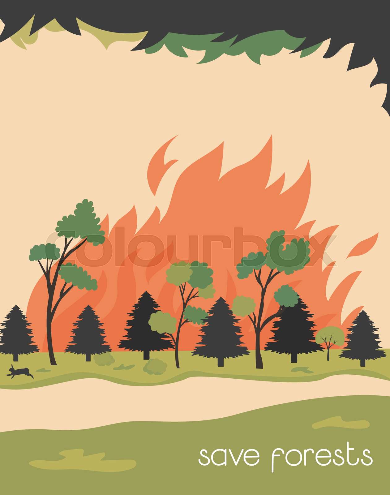 Eco Poster save forests. Burning trees and bushes | Stock vector ...