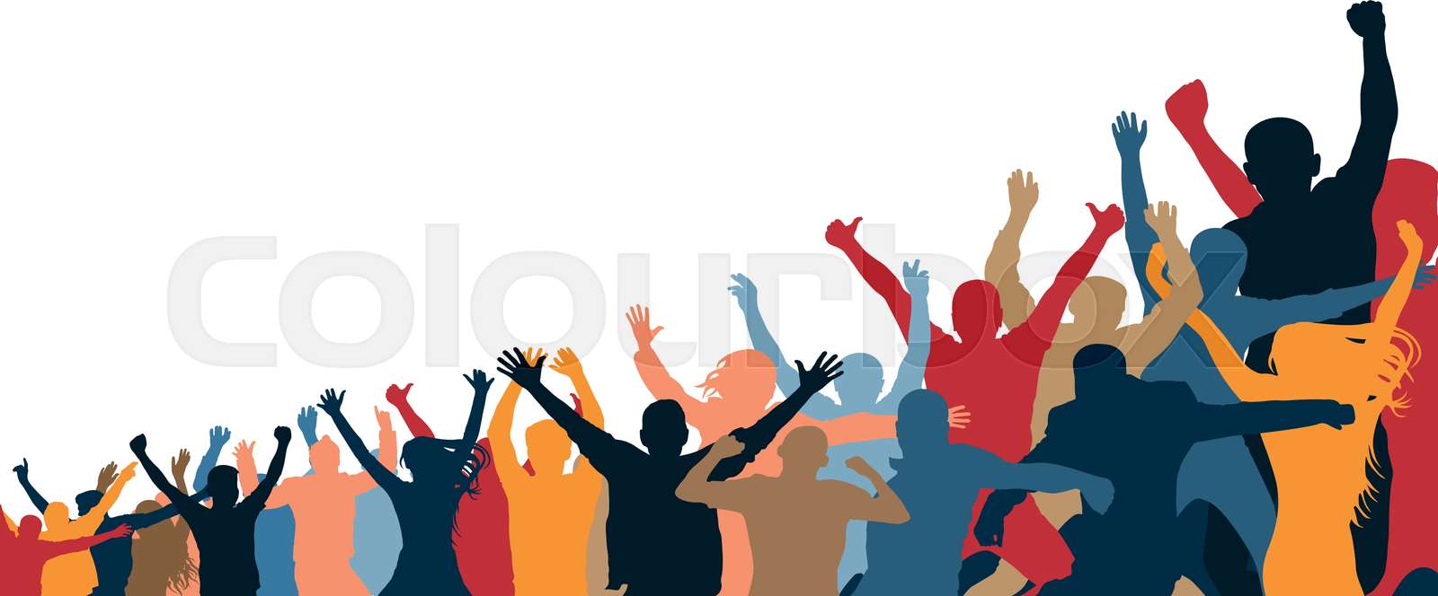 Crowd of cheerful people. Isolated, separate from each other. Hands up ...