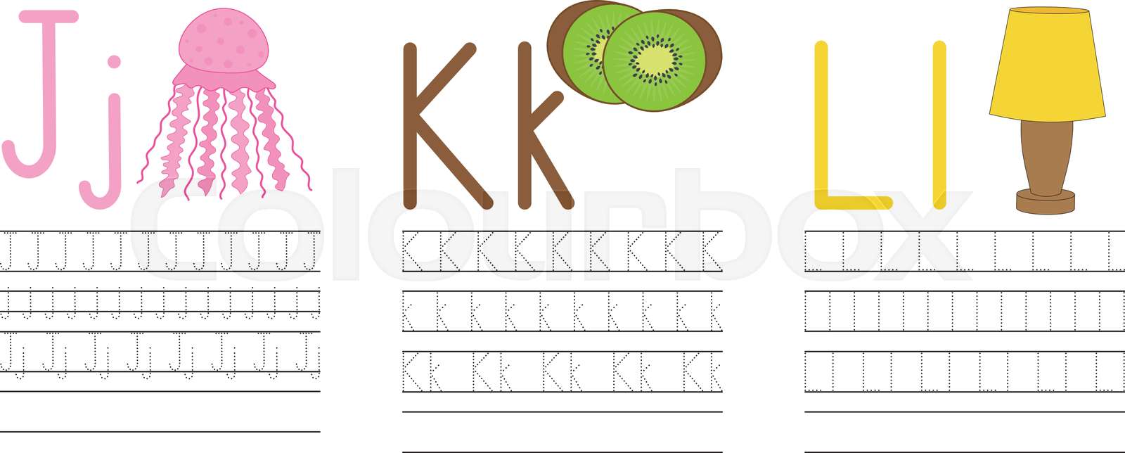 Writing practice of letters J,K,L. Education for children. Vector ...