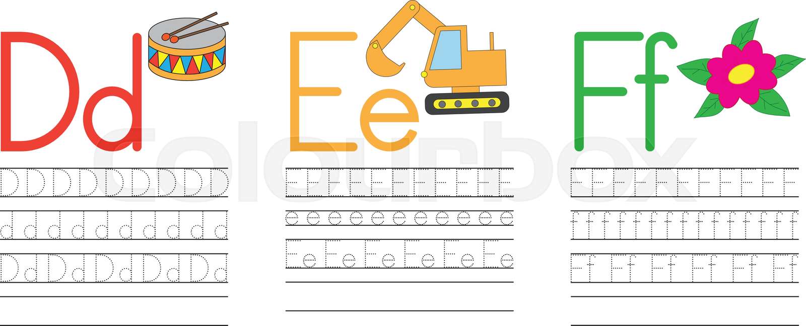 Writing practice of letters D,E,F. Education for children. Vector ...