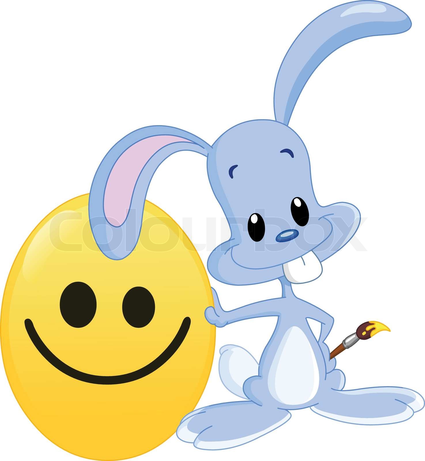 Cute bunny leaning on his painted smiley Easter egg holding a ...