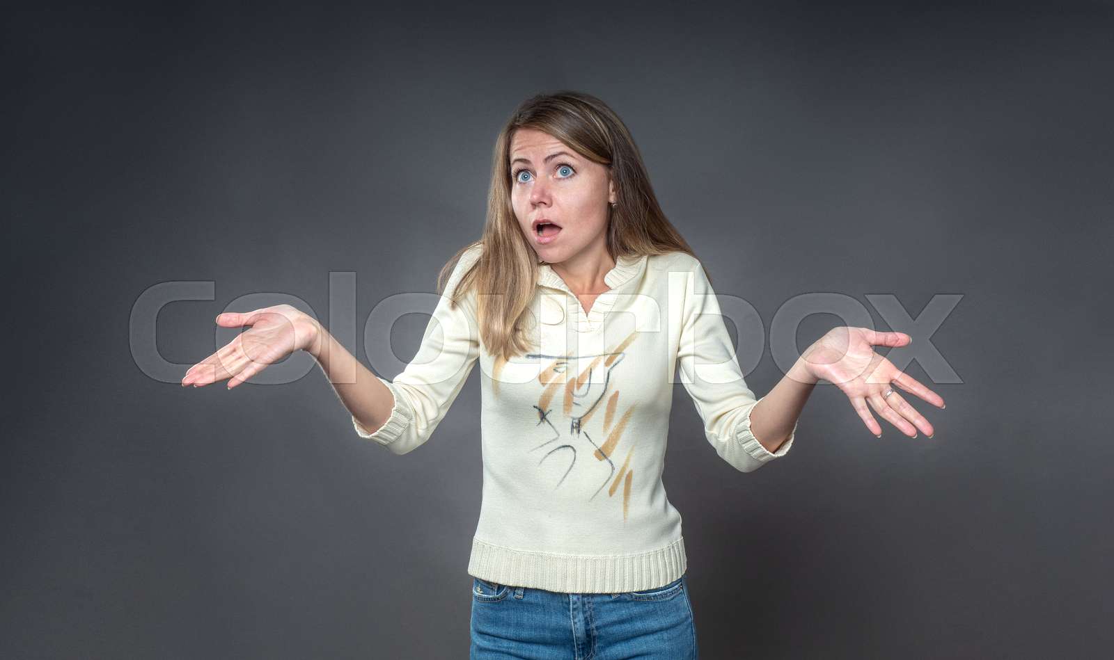 Woman with shocked facial expression. The brunette with surprise and ...