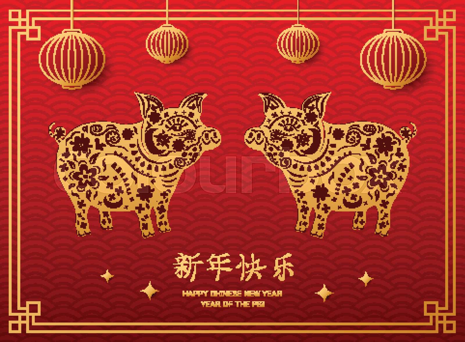 Chinese New Year 2019 with pig animal and Chinese lanterns hanging ...
