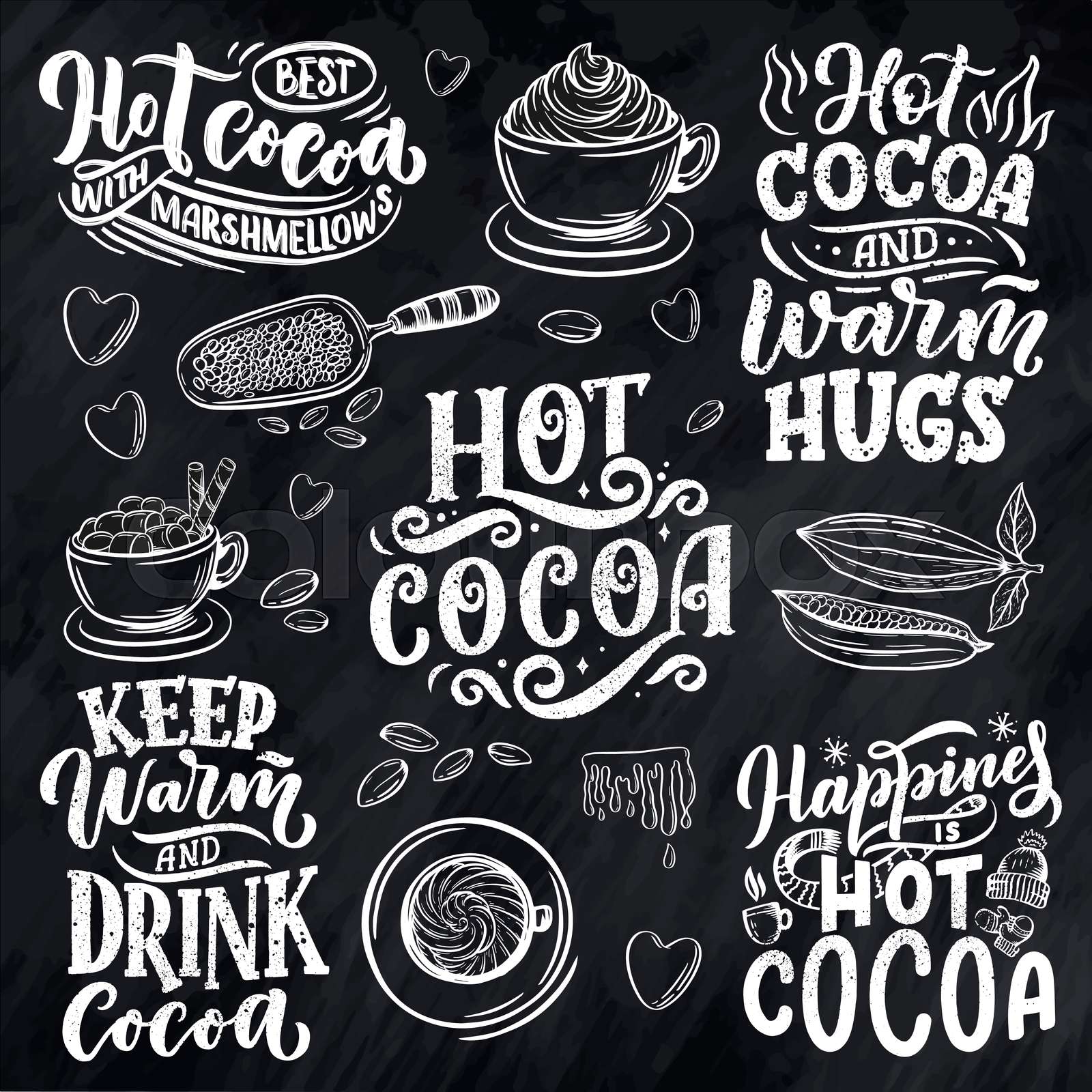 Hot cocoa hand lettering set with cup of cocoa, marshmallows. Hand ...
