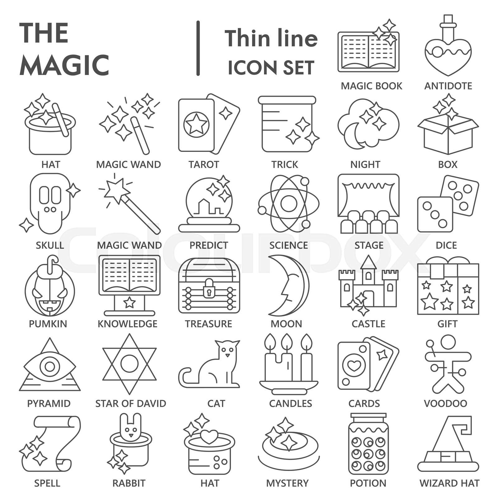 Magic thin line SIGNED icon set, fantasy symbols collection, vector ...