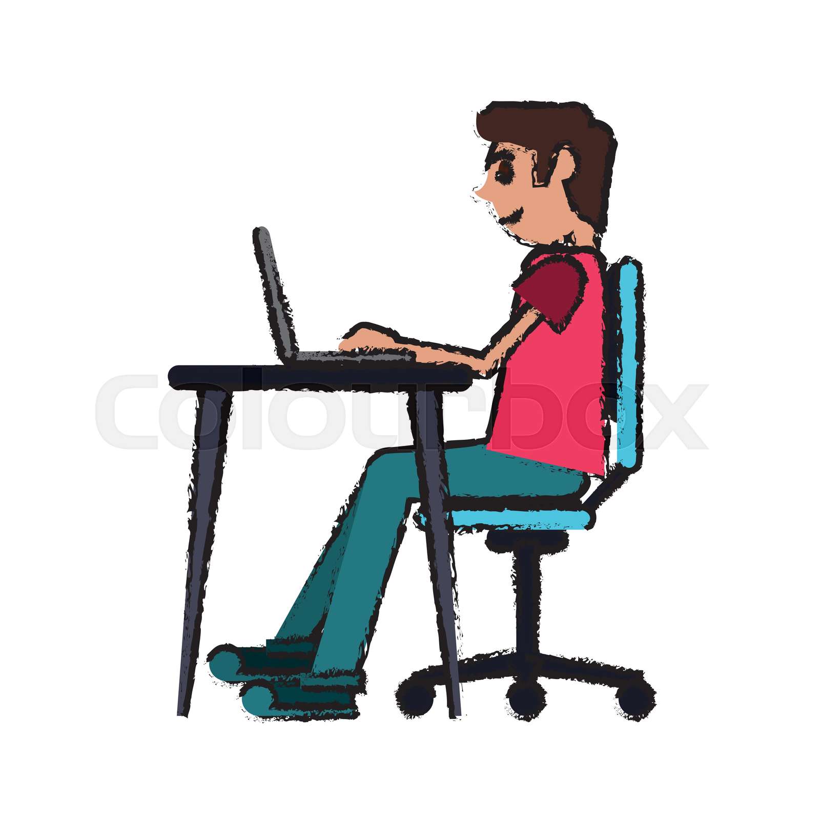 cartoon man working front computer with pc | Stock vector | Colourbox
