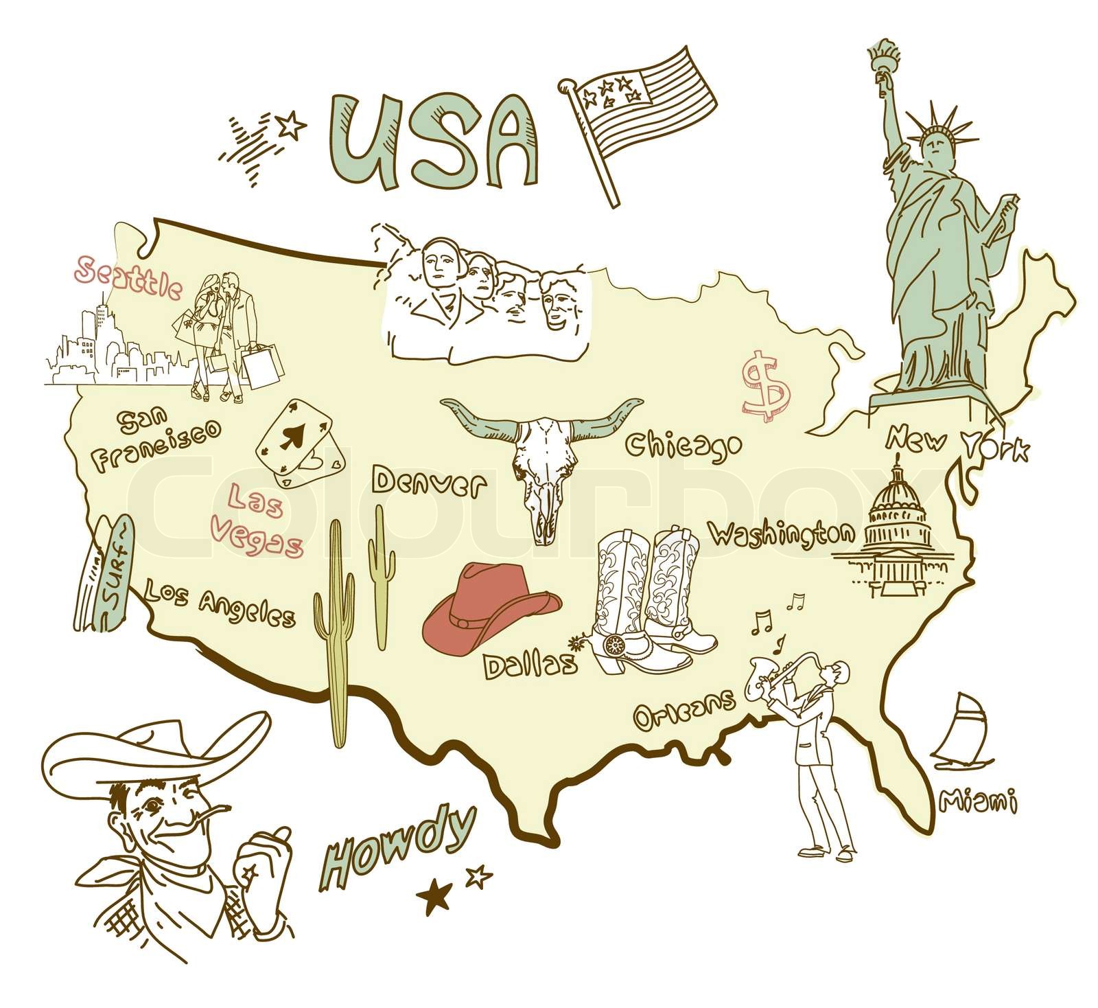 Stylized map of America Things that different Regions in USA are famous ...