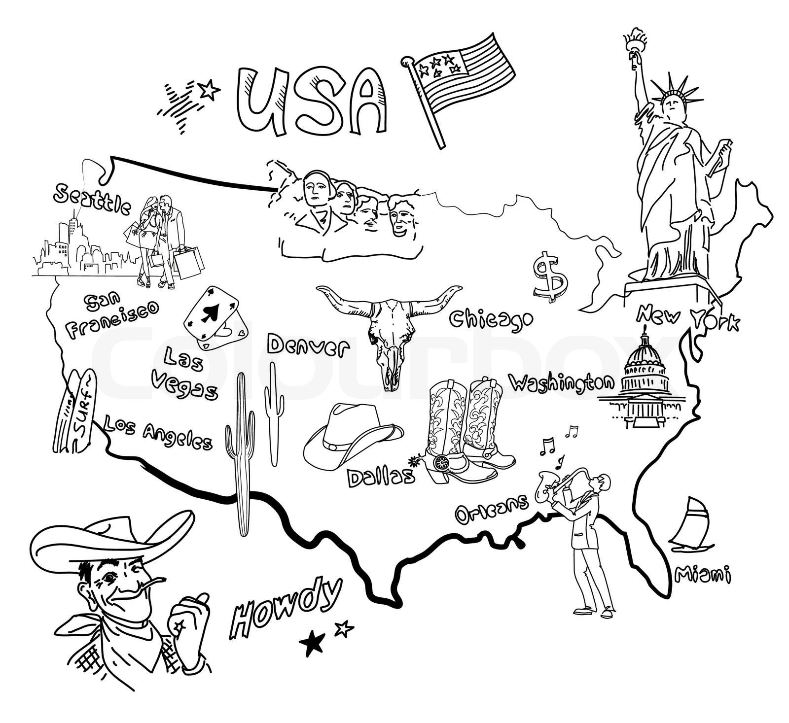 Stylized map of America Things that different Regions in USA are famous ...