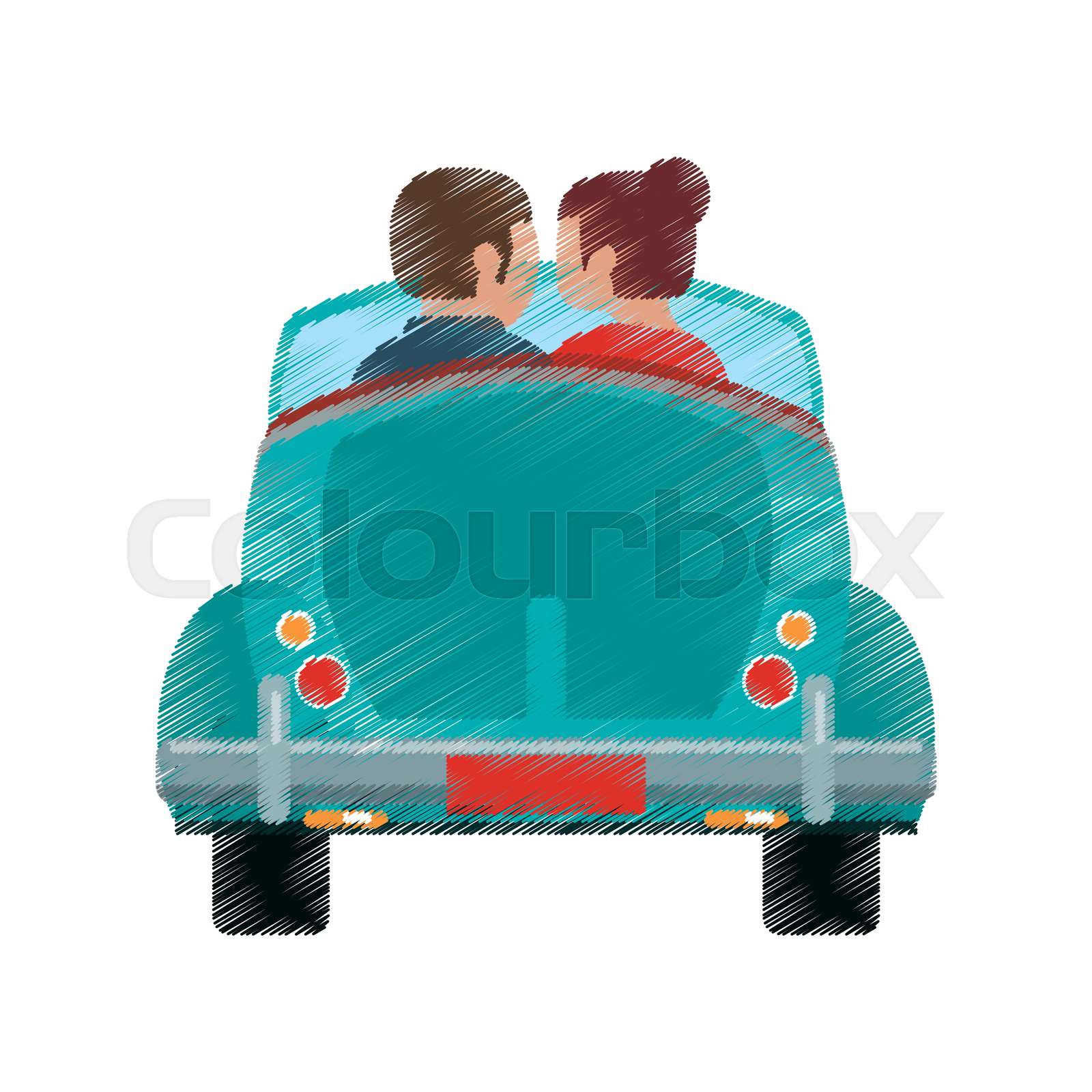 drawing couple car classic travel | Stock vector | Colourbox