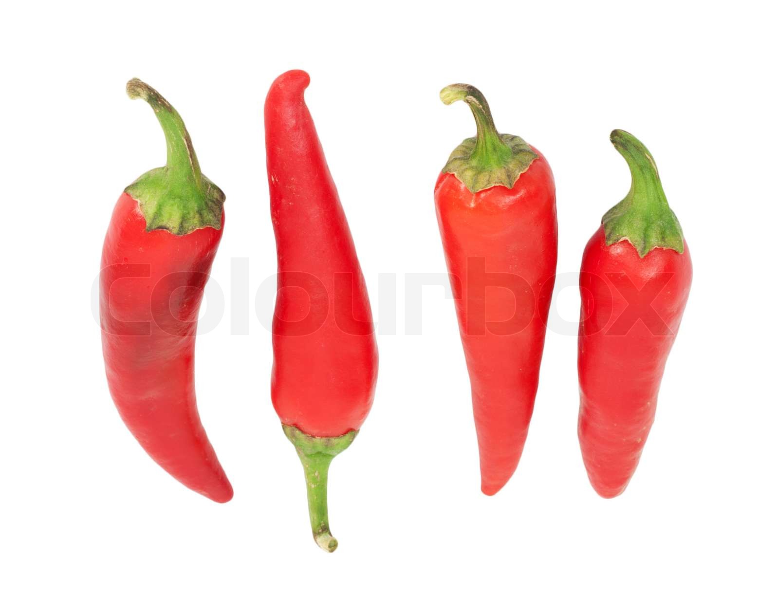 vier rote Peperoni isoliert auf weißem Hintergrund | Stock Bild | Colourbox