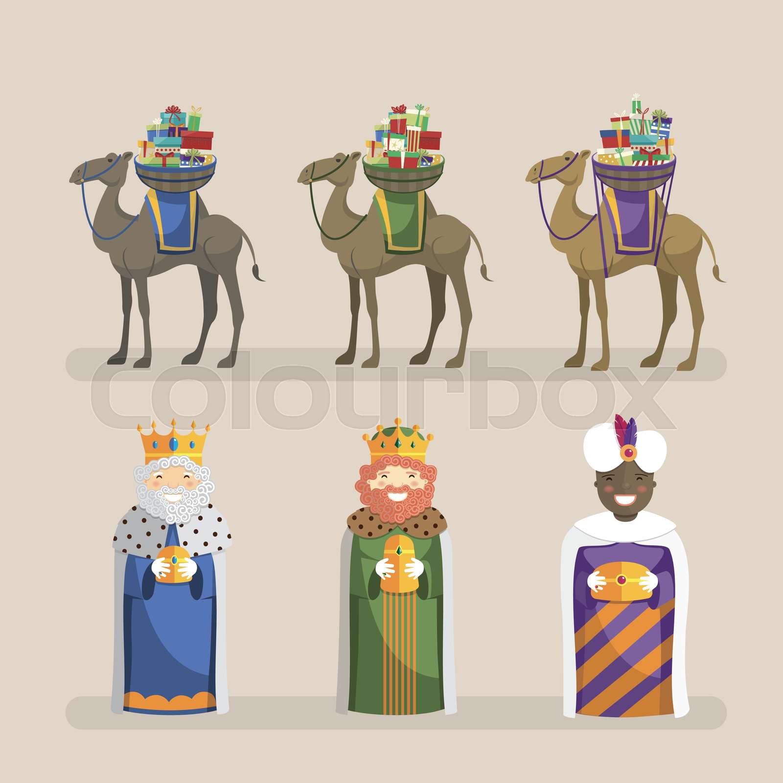 Three kings with camels and gifts set | Stock vector | Colourbox