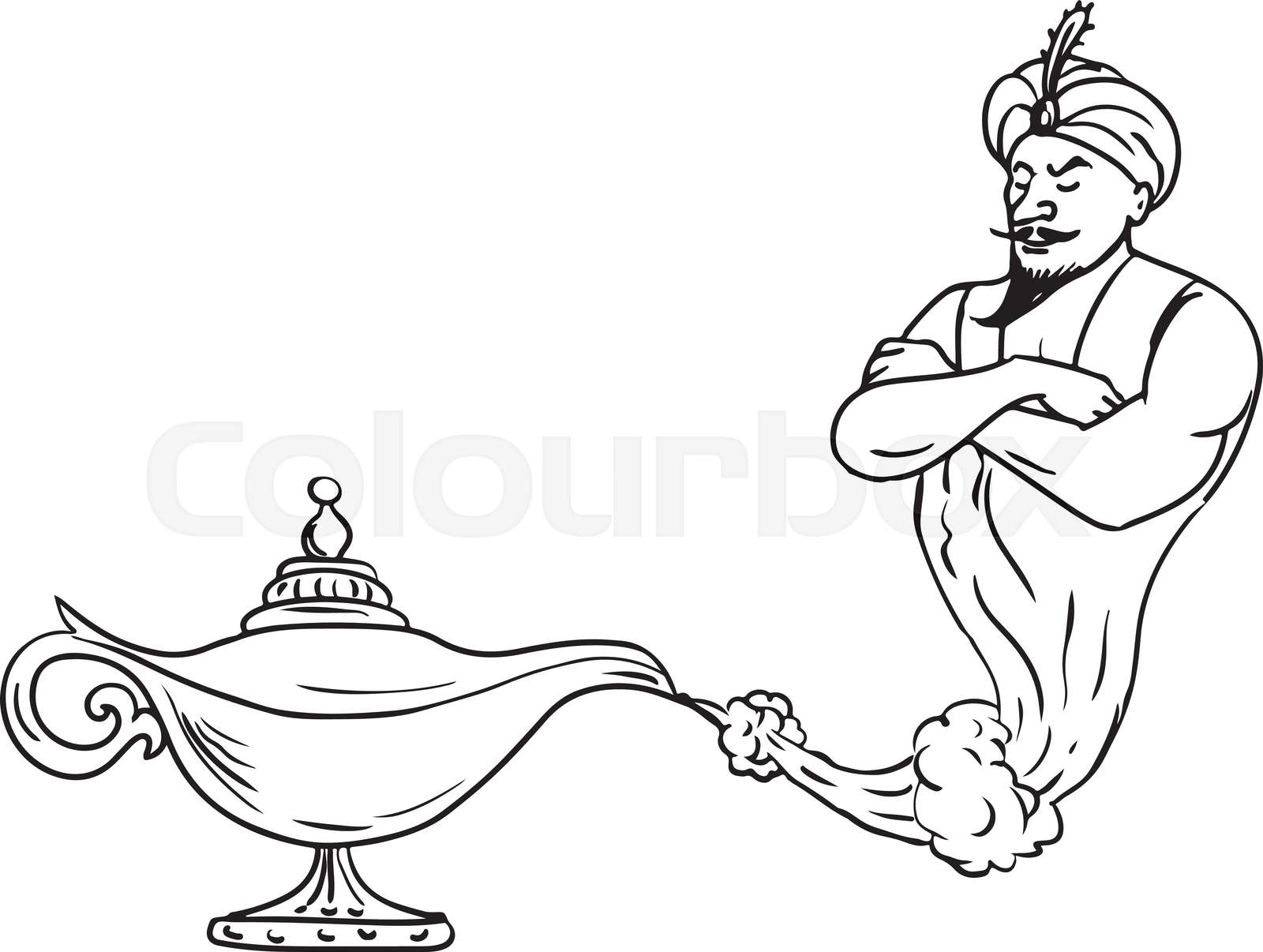Genie Coming Out of Oil Lamp Black and White Drawing | Stock vector ...