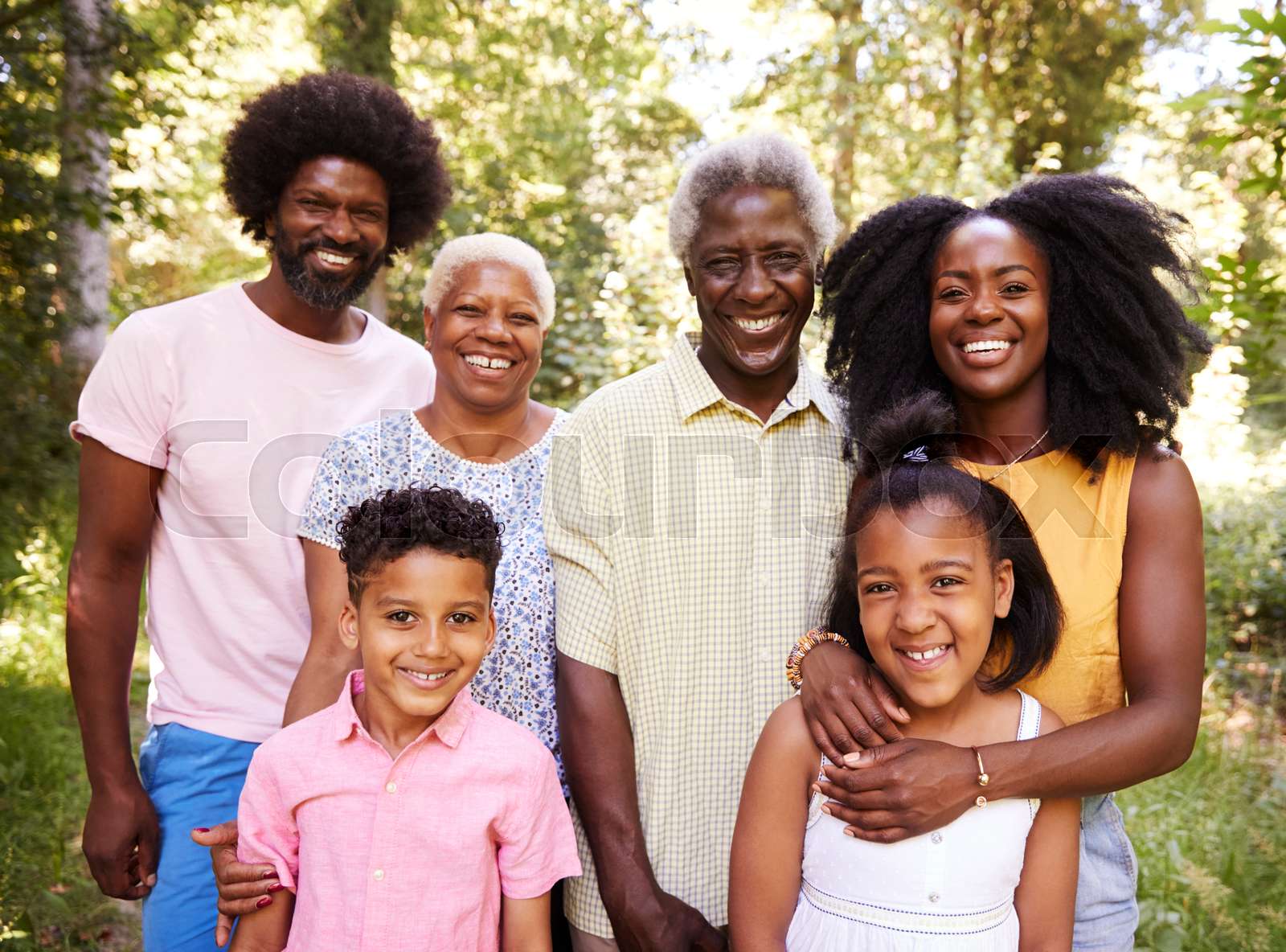 Multi generation black family in a forest, close up portrait | Stock ...