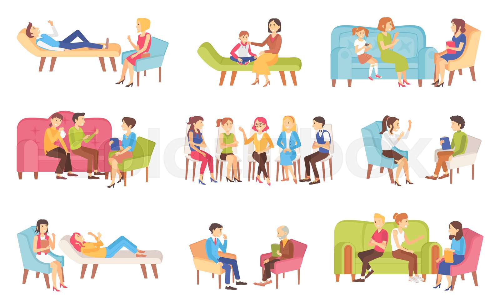 Psychotherapy People Talking about Problems Set | Stock vector | Colourbox