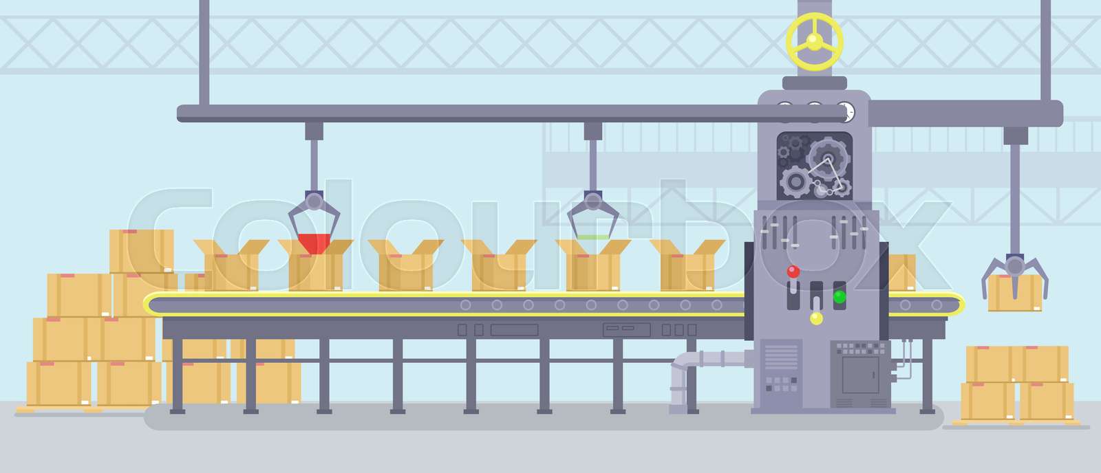 Vector illustration of manufacture interior with working smart machine ...