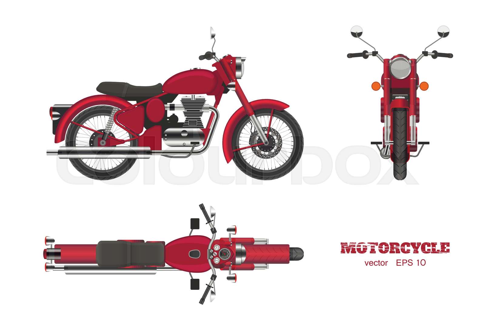 Retro classic motorcycle in realistic style. Side, top and front 3d ...