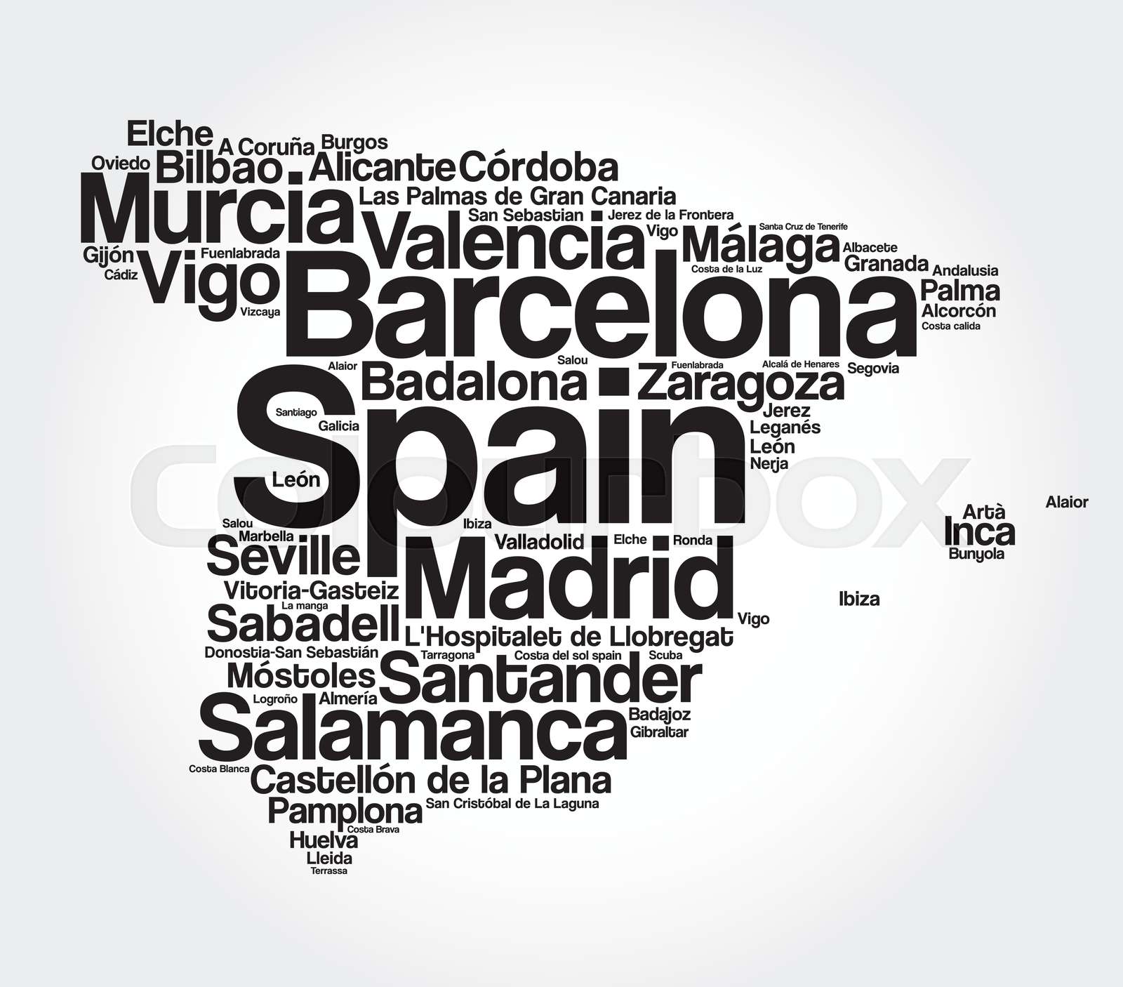 List of cities and towns in SPAIN, map | Stock vector | Colourbox