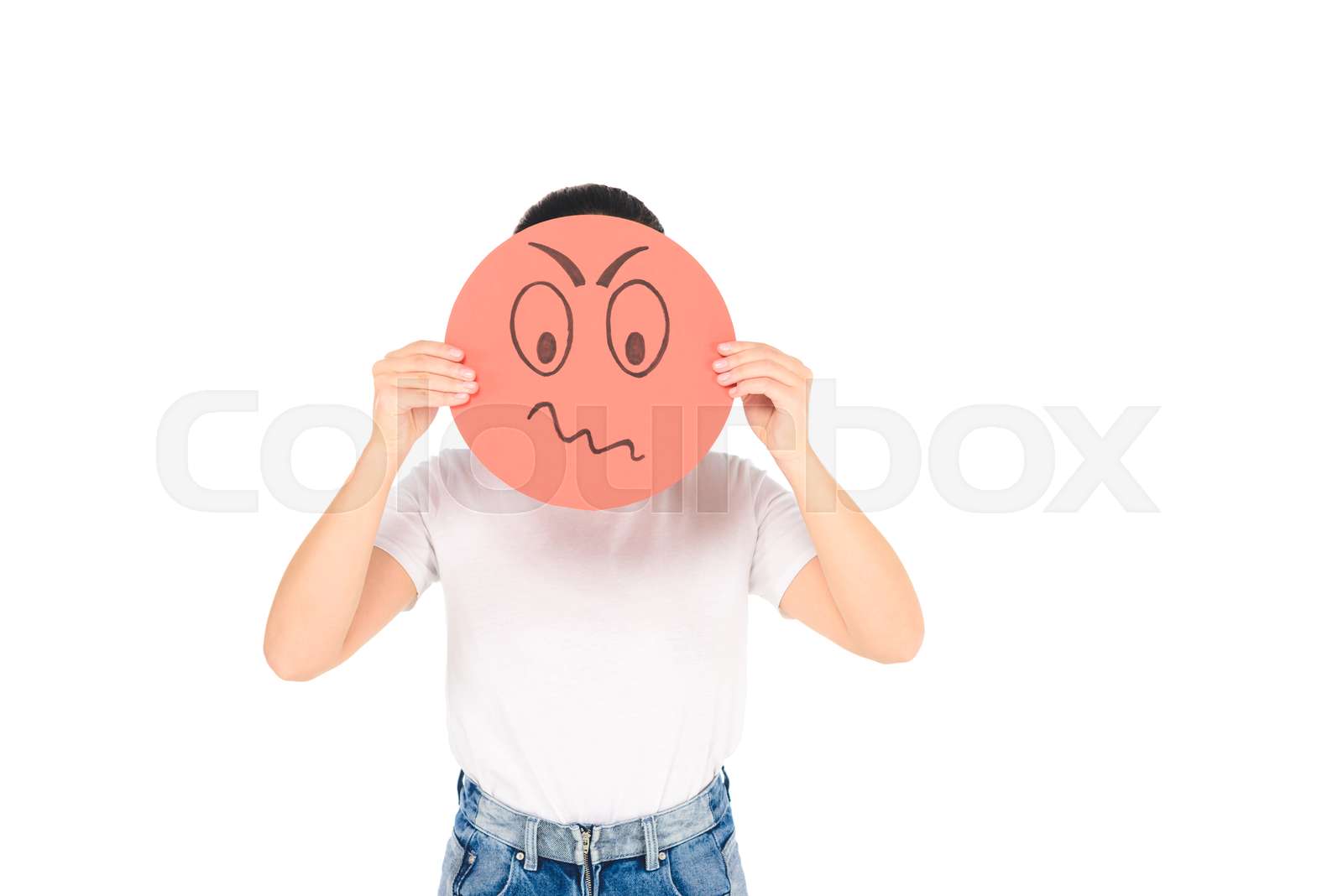 girl holding red sign with angry face expression isolated on white ...