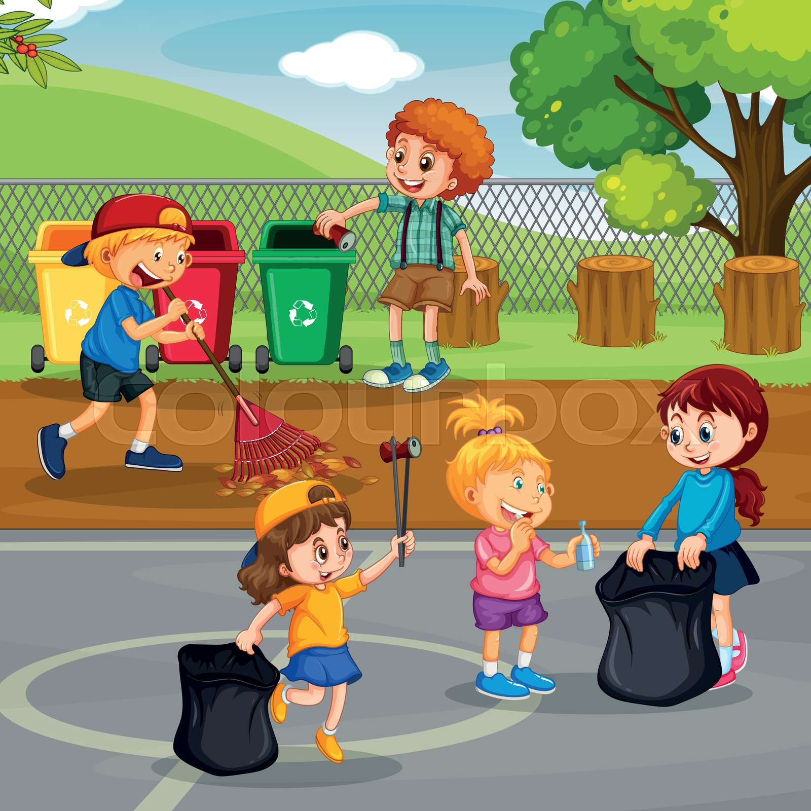 Volunteer children cleaning park | Stock vector | Colourbox