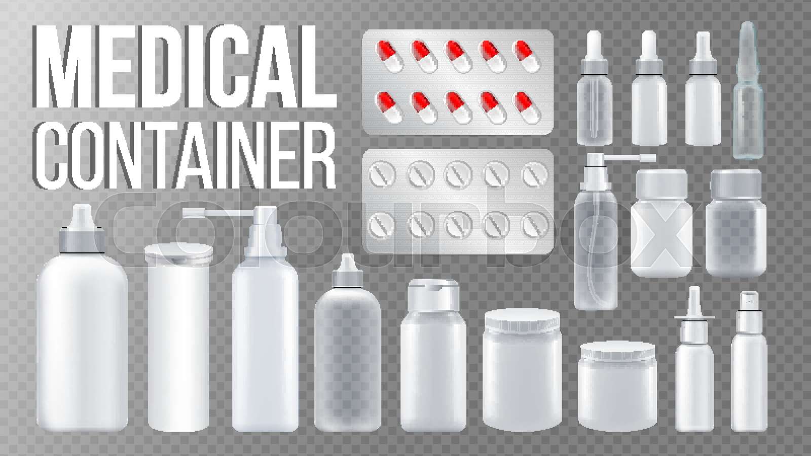 Medical Container Vector. Spray, Pills, Drugs, Bottle With Cap ...