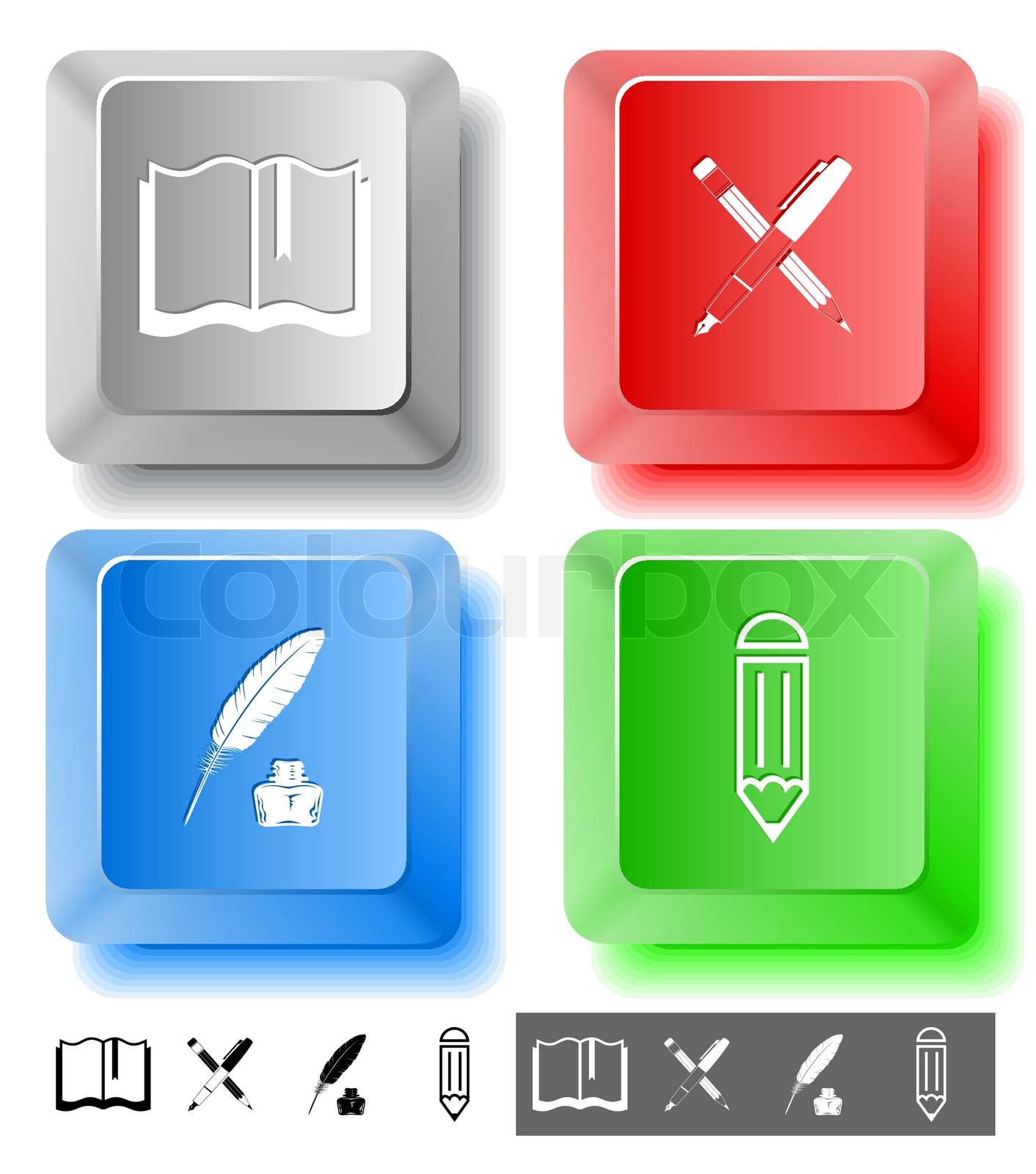 Uddannelse ikon sæt Ink pen og blyant, blyant , fjer og blæk flaske ...