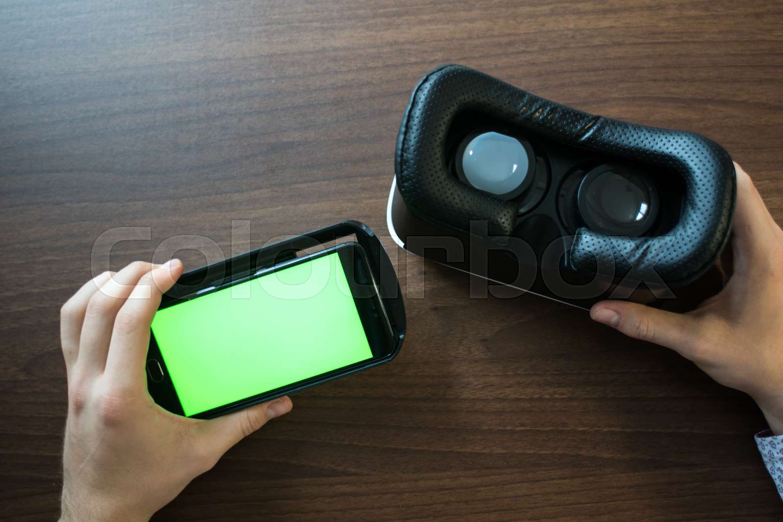 Virtual reality, VR, helmet and smartphone with green screen for key ...