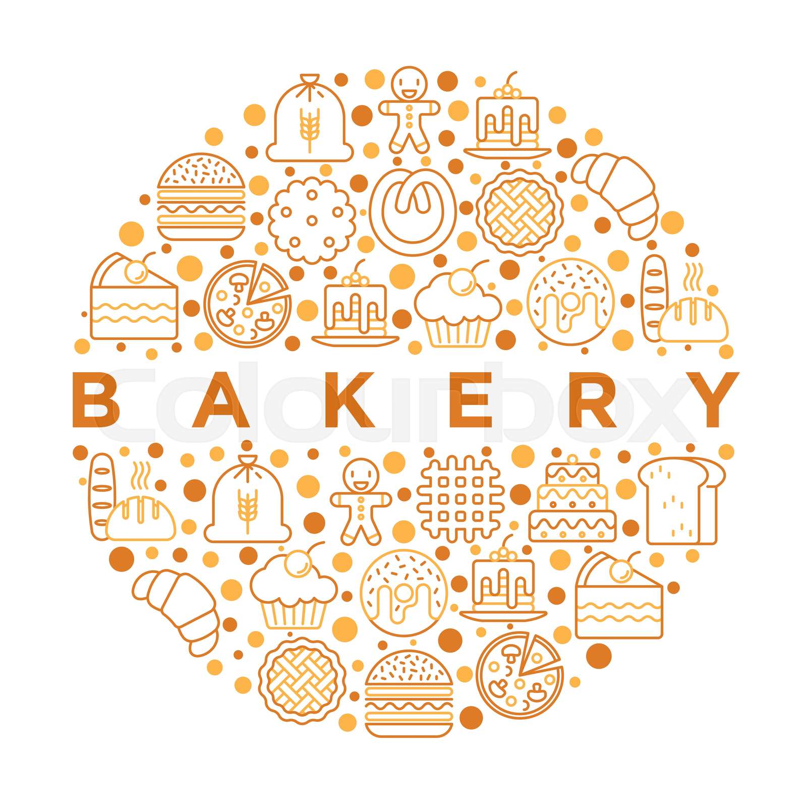 Bakery concept in circle with thin line icons: toast bread, pancakes ...