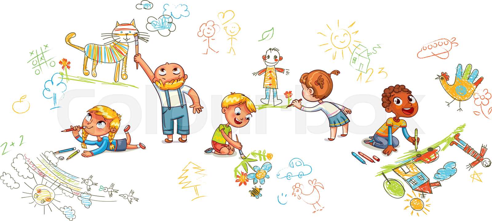 Children of different nationality draw pictures on walls and floor ...