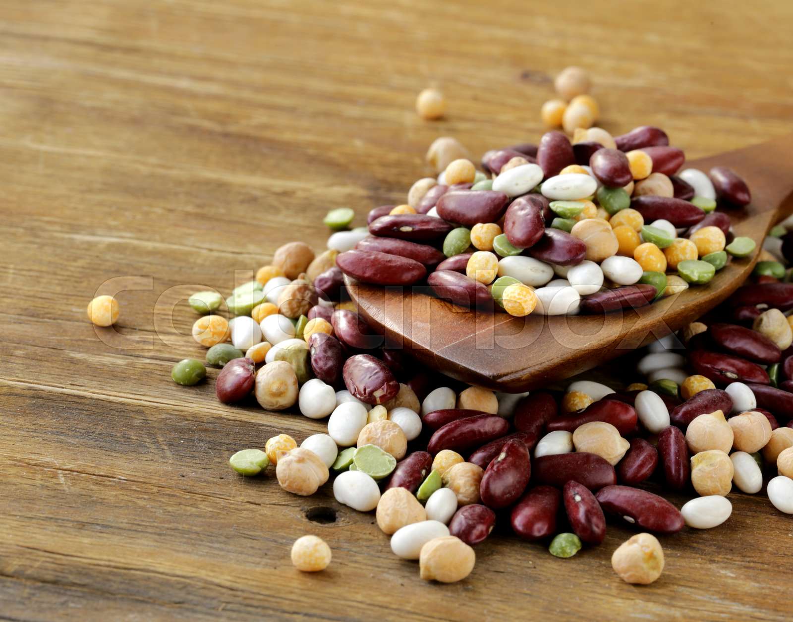 Assortment of different types of beans - red beans, chickpeas, peas ...