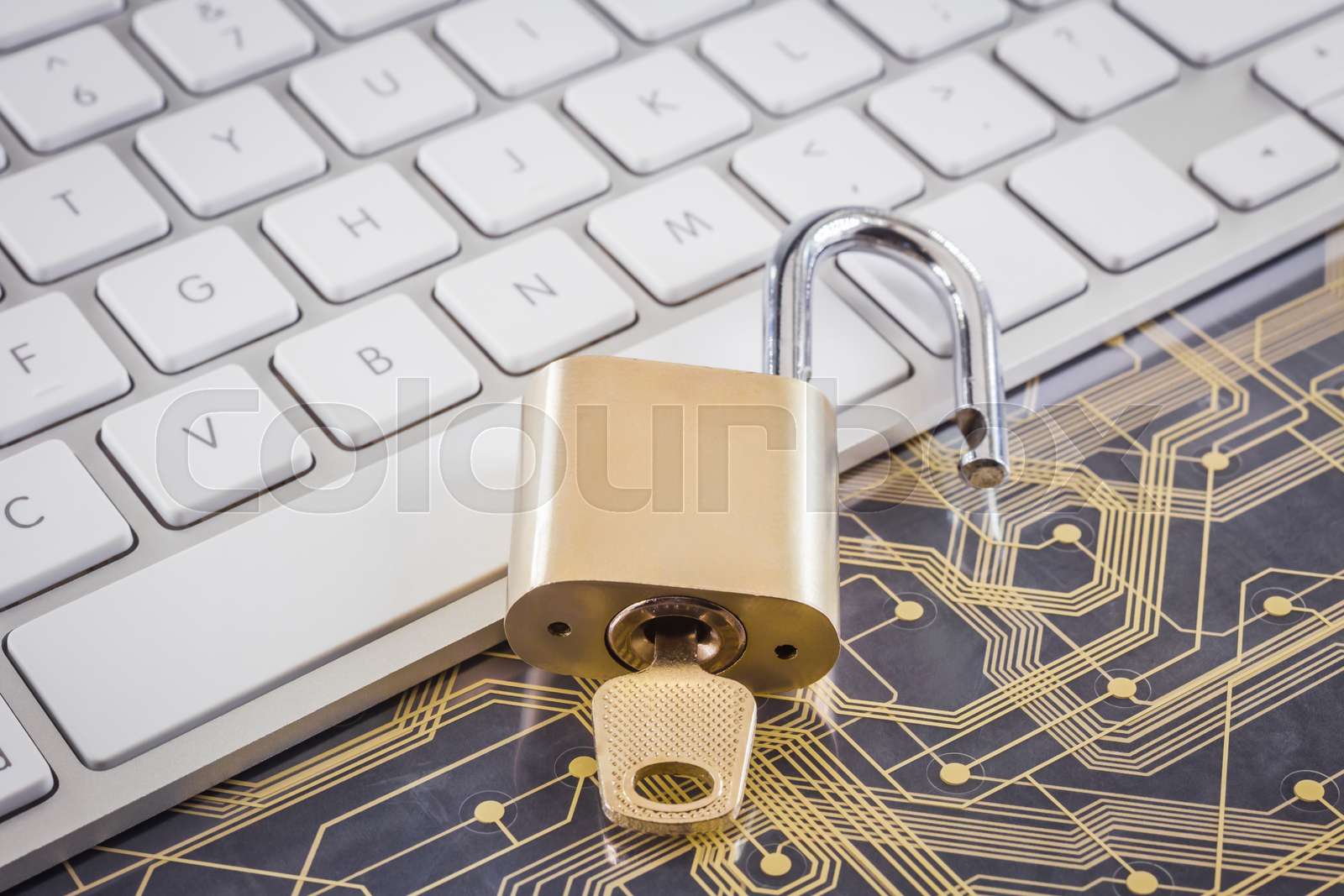 Cyber security with key lock, keyboard, circuit board. | Stock image ...