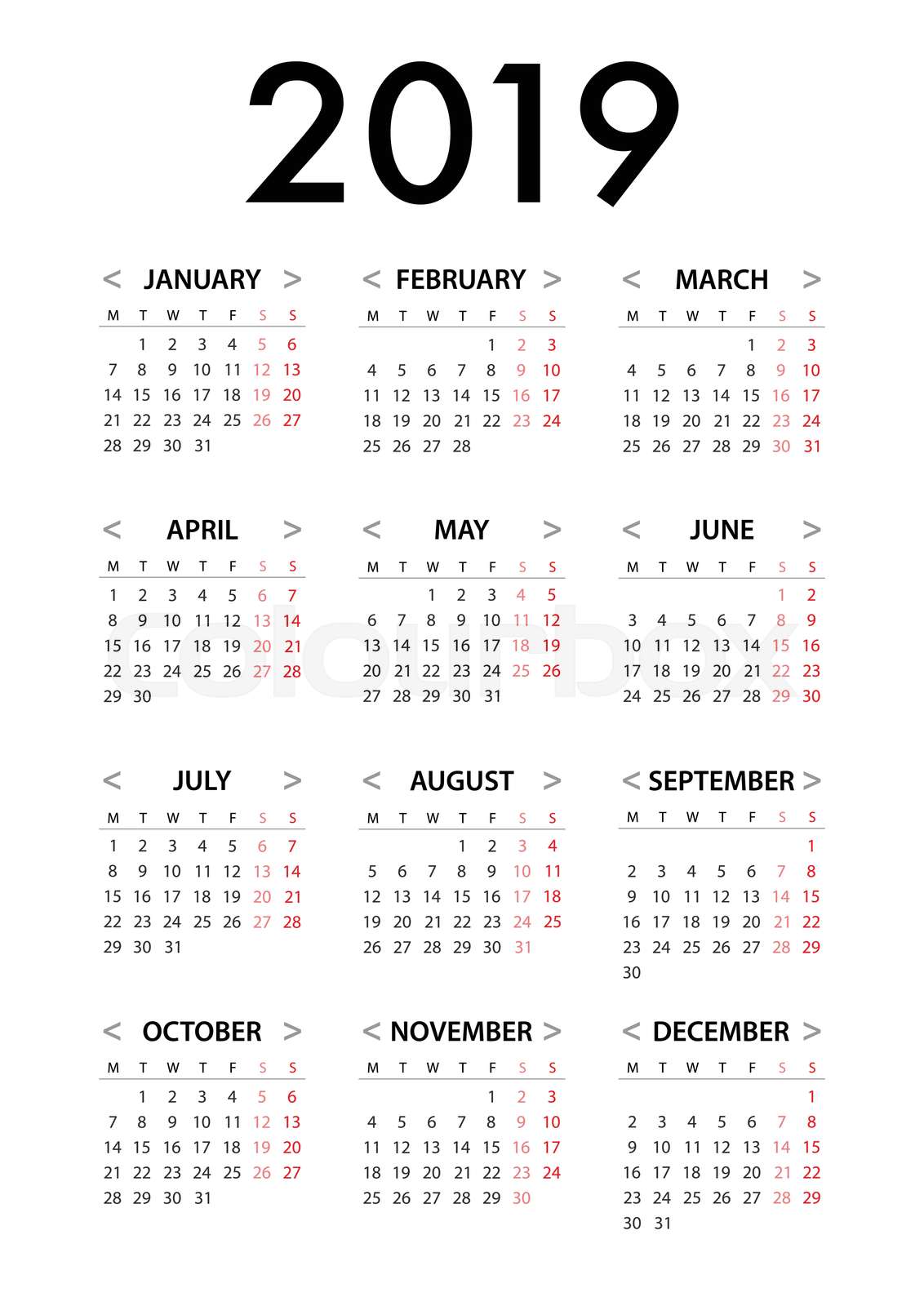 Calendar for 2019 Week Starts Monday. Simple Vector Template | Stock ...