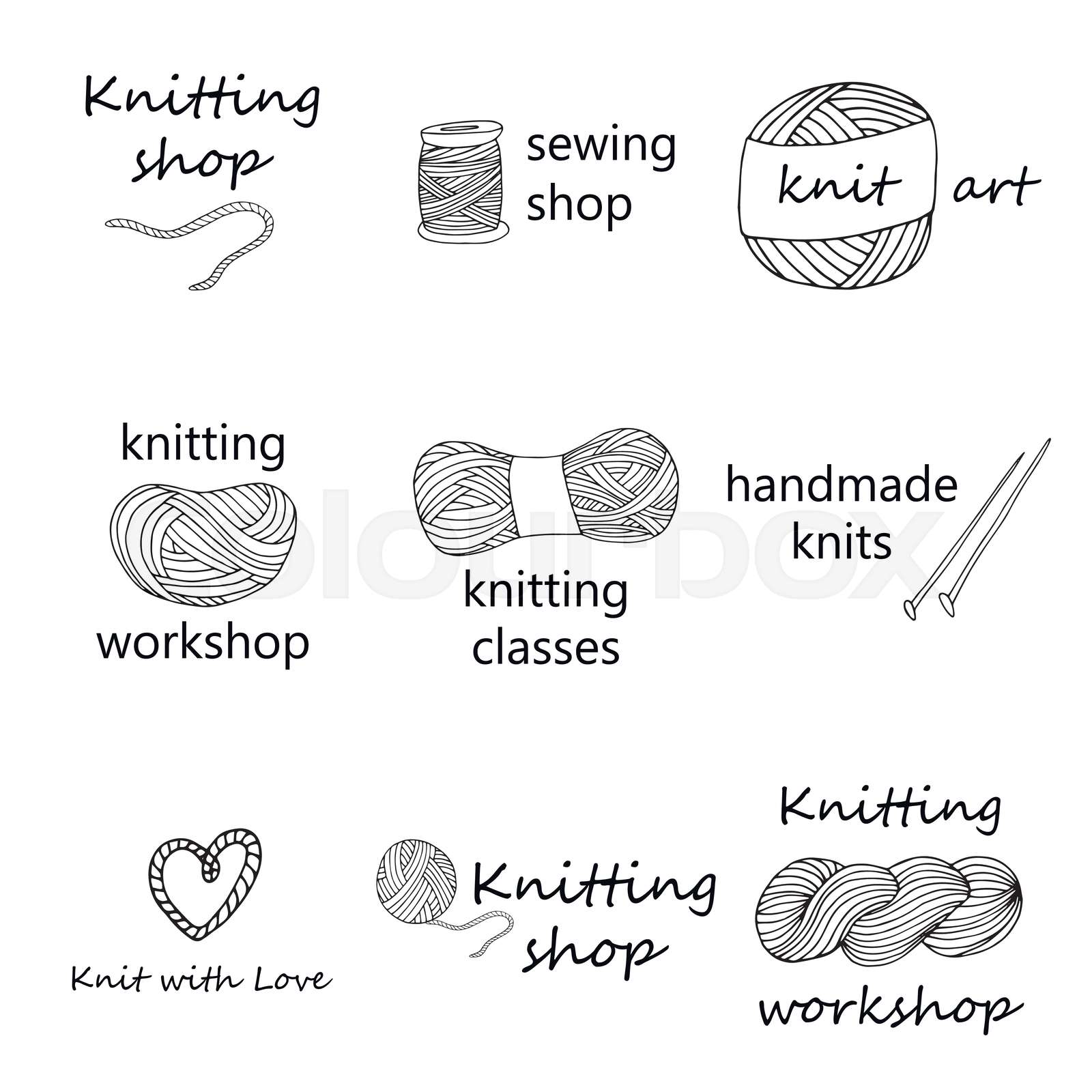 Knitting yarn logo set in hand drawn style | Stock vector | Colourbox
