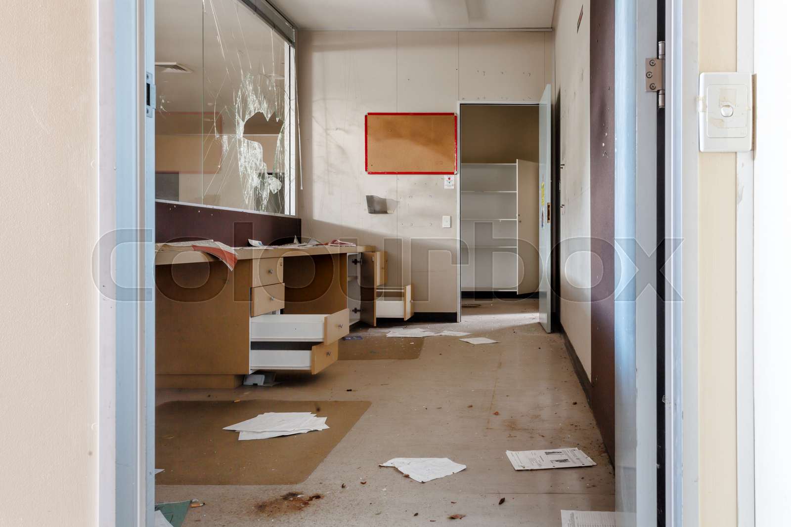 Vandalised office reception area of abandoned building | Stock image ...