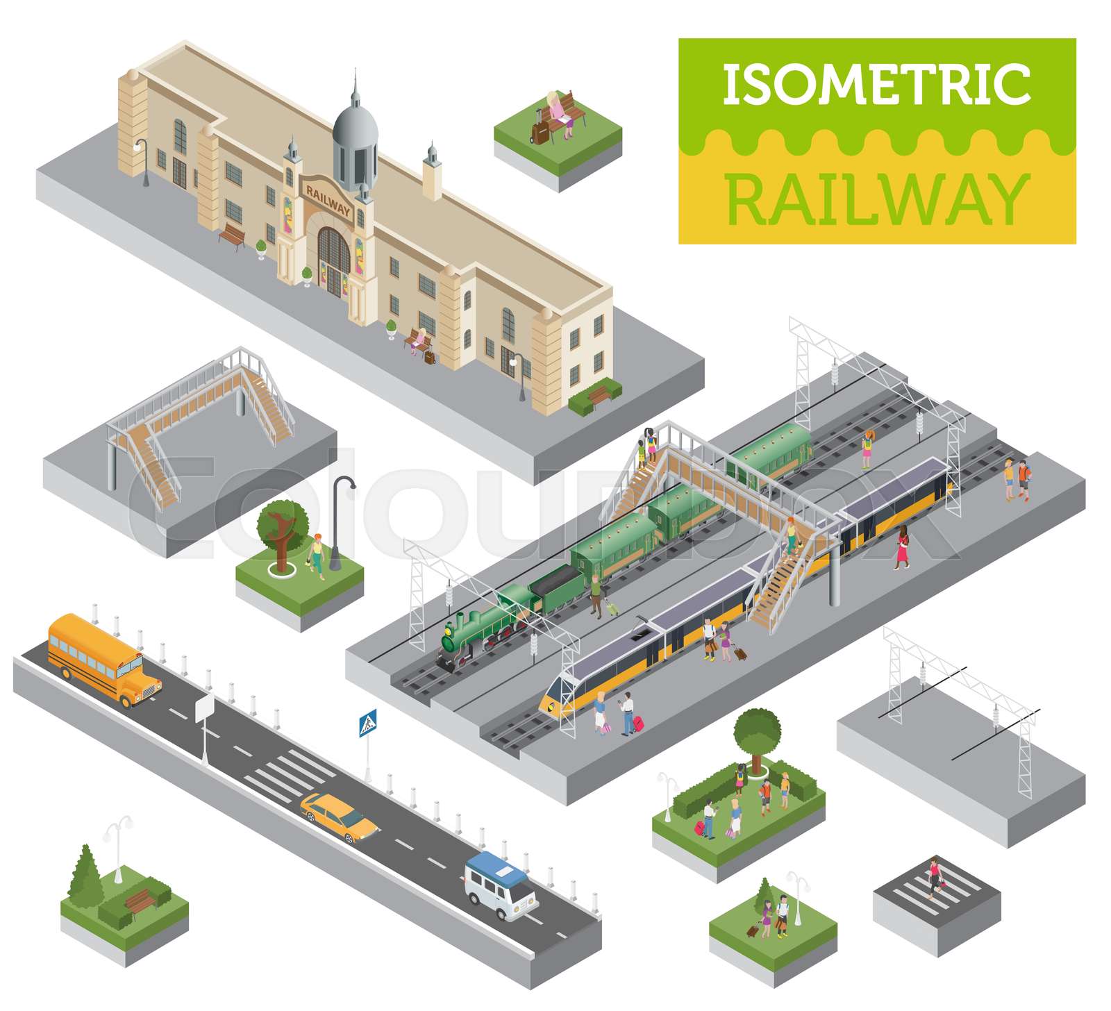 3d isometric Train station and city map constructor elements isolated ...