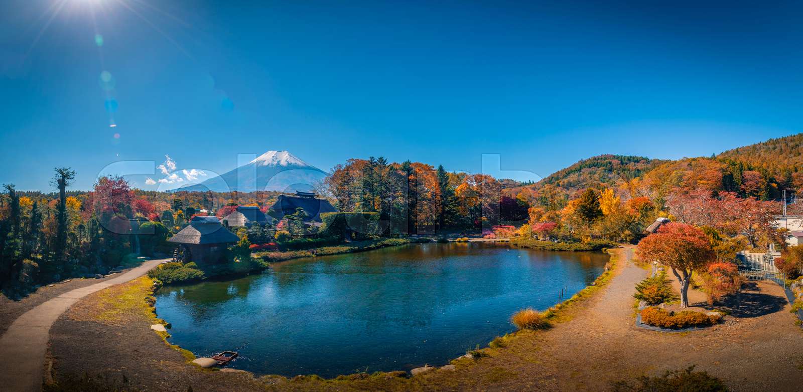 The ancient Oshino Hakkai village with Mt. Fuji in Autumn Season at Minamitsuru District ...