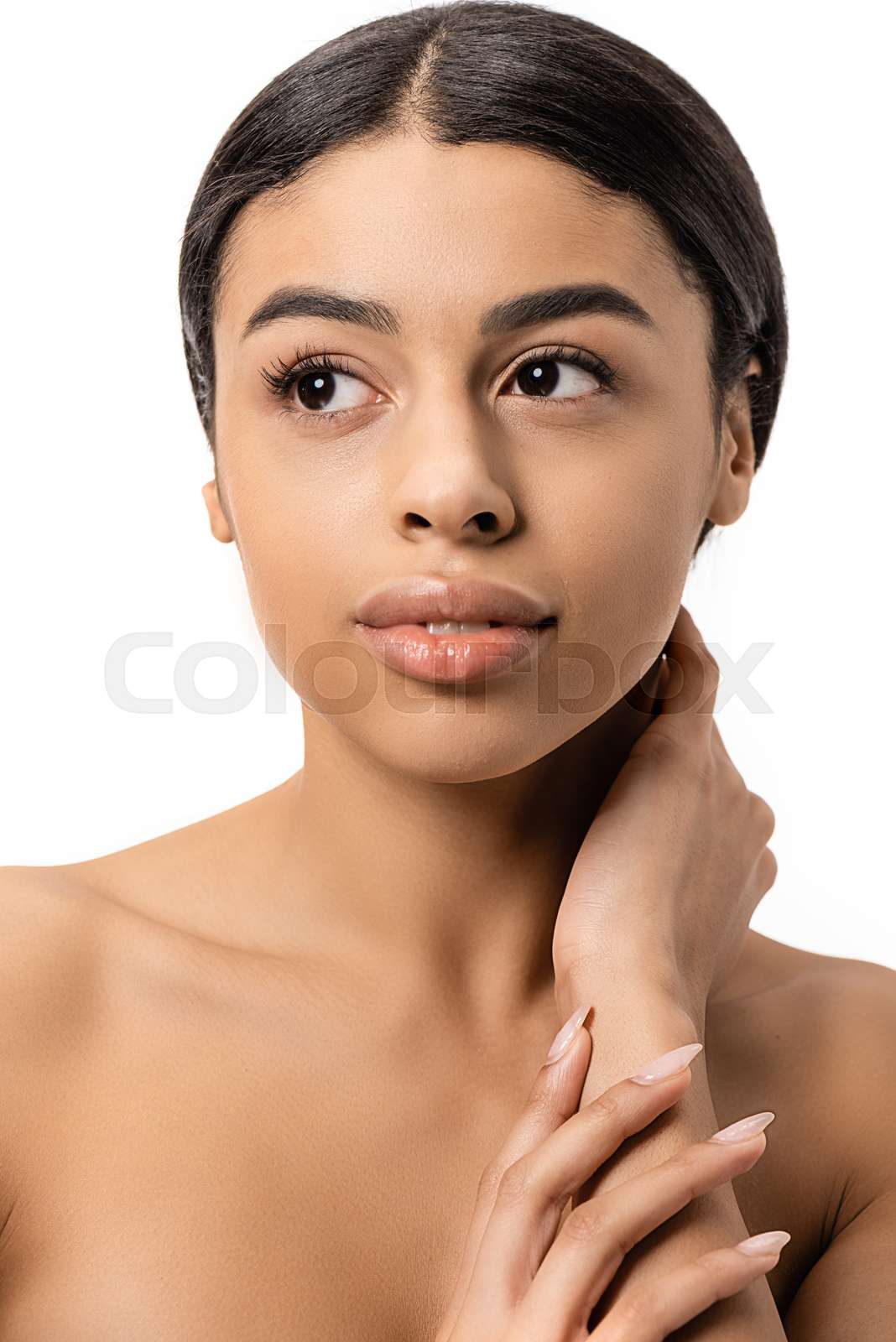 Tender Naked Young African American Woman Touching Neck And Looking
