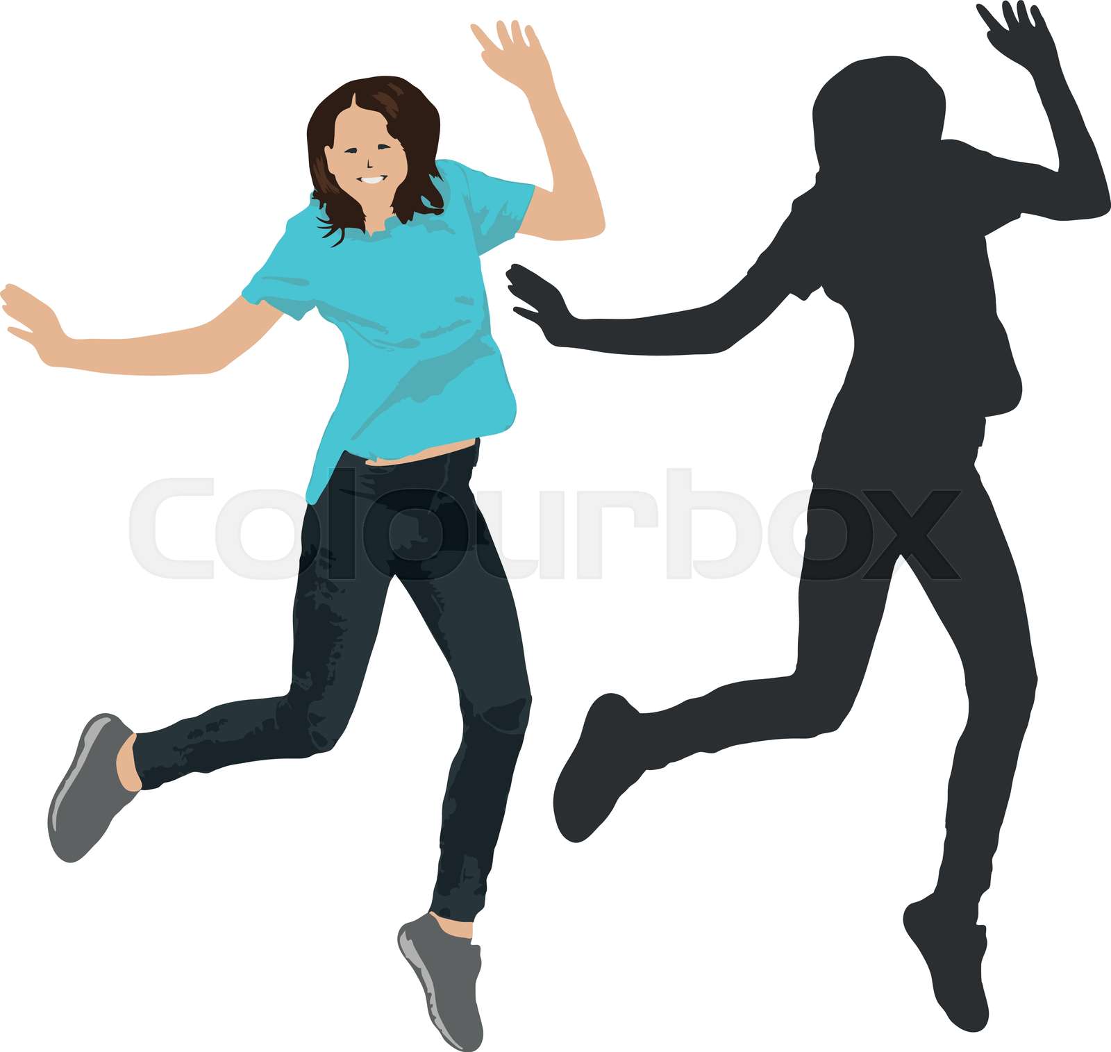 Shadow silhouette of people jump. Vector illustration of a jumping girl ...