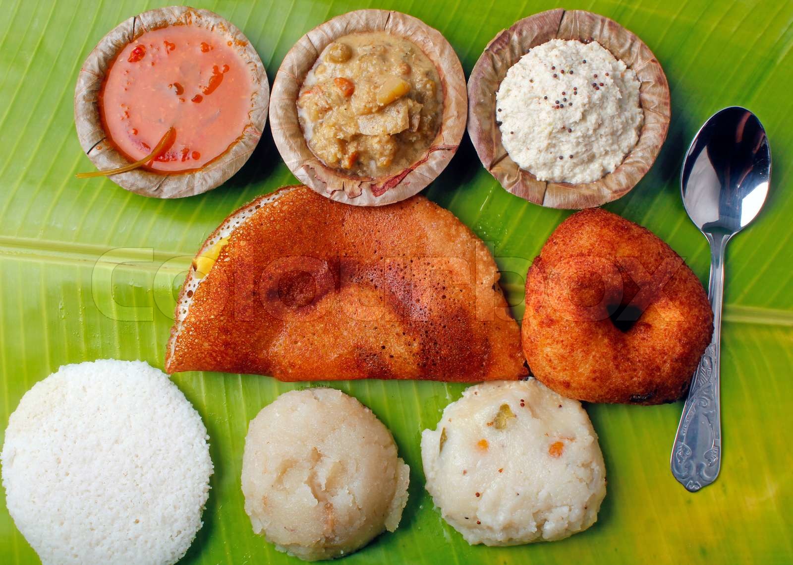 Masala dosa, idly, vada, chutney, upma and sambar | Stock image | Colourbox