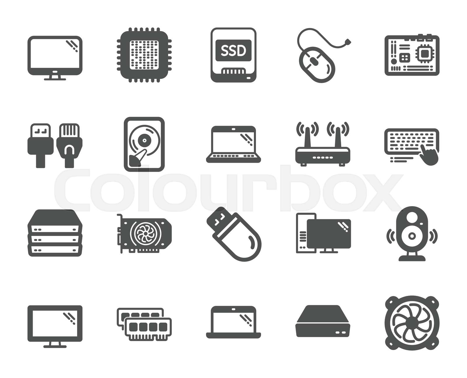 Computer components icons. Set of Motherboard, CPU and Internet, usb ...