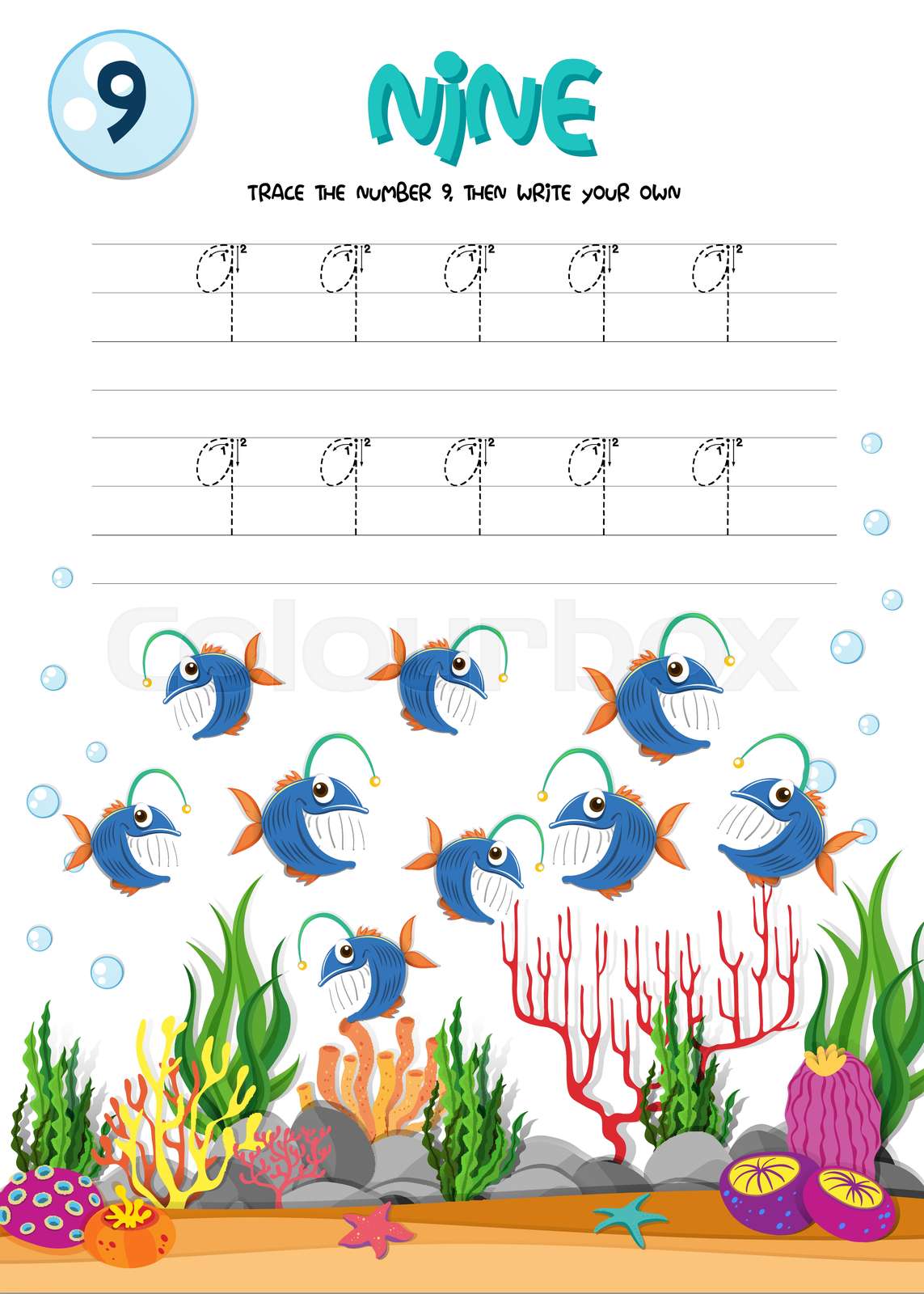 How to write number nine worksheet | Stock vector | Colourbox