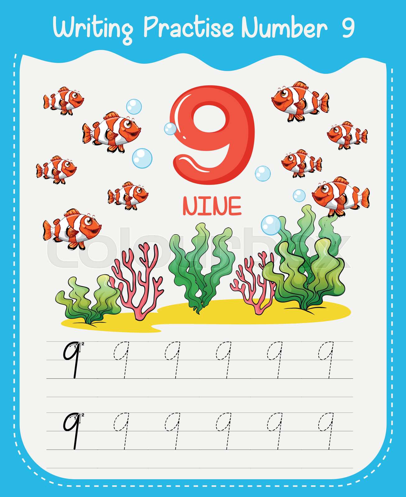 How to write number nine worksheet | Stock vector | Colourbox