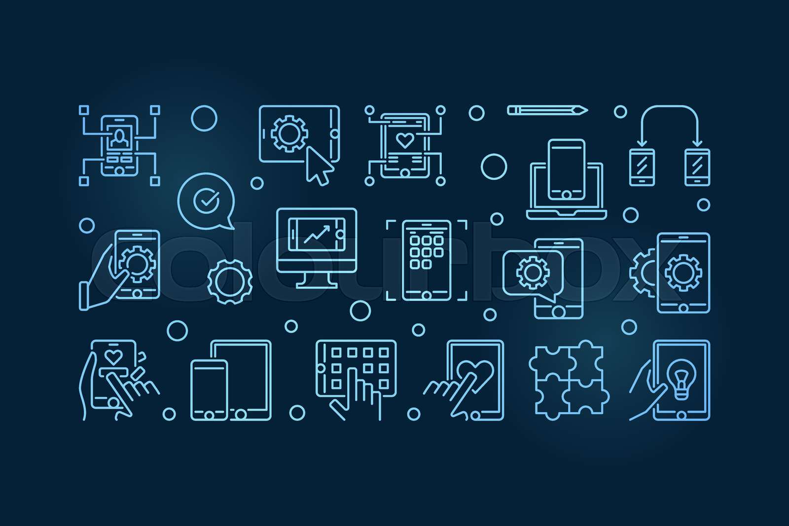 Mobile App Development blue banner. Vector outline illustration | Stock ...