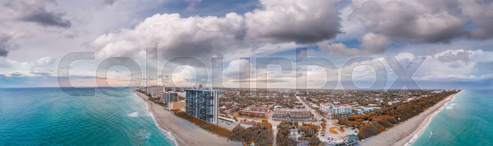 Aerial view of Boca Raton skyline on a cloudy sunset, Florida - USA ...