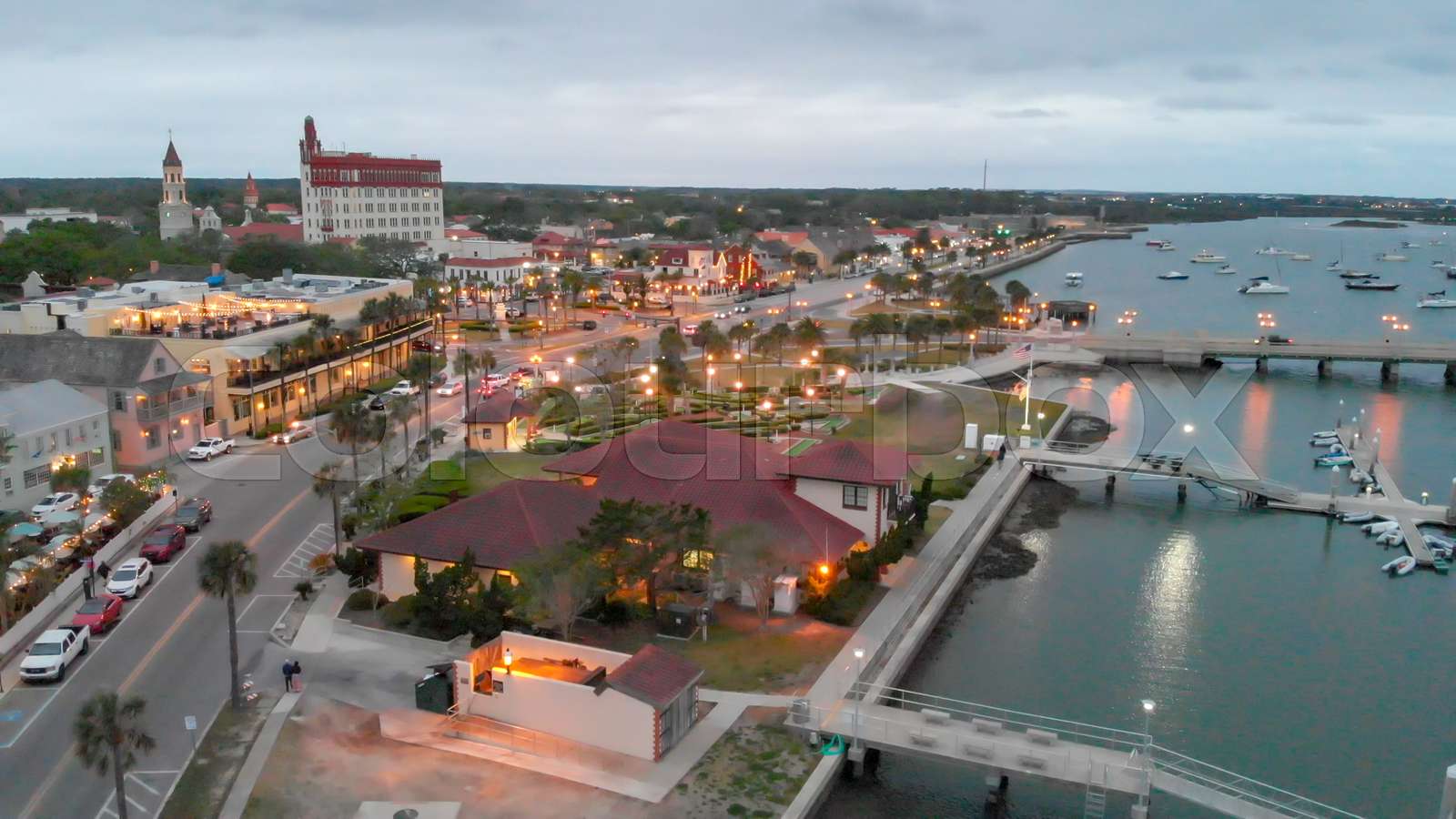 St Augustine, Florida. Aerial view of skyline at spring sunset | Stock ...