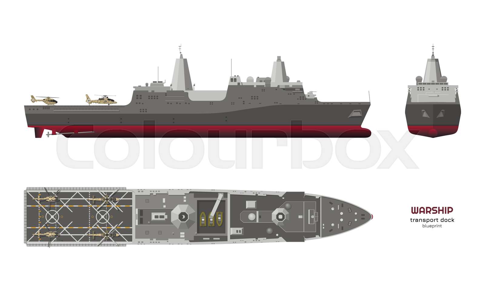 Detailed image of military ship. Top, front and side view. Battleship ...